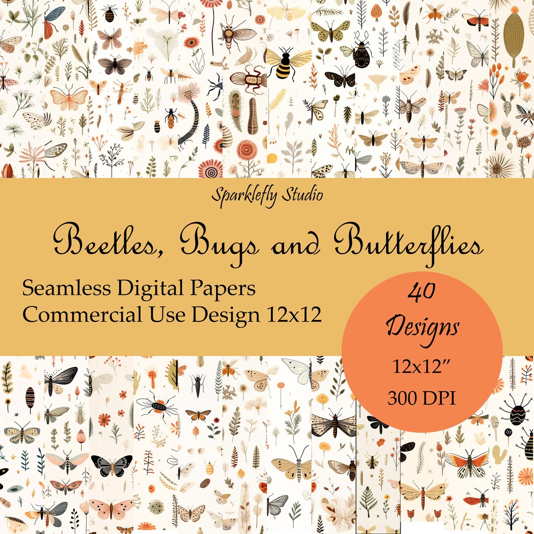40 Beetles Bugs and Butterflies Folk Art Seamless Pattern Bundle ...