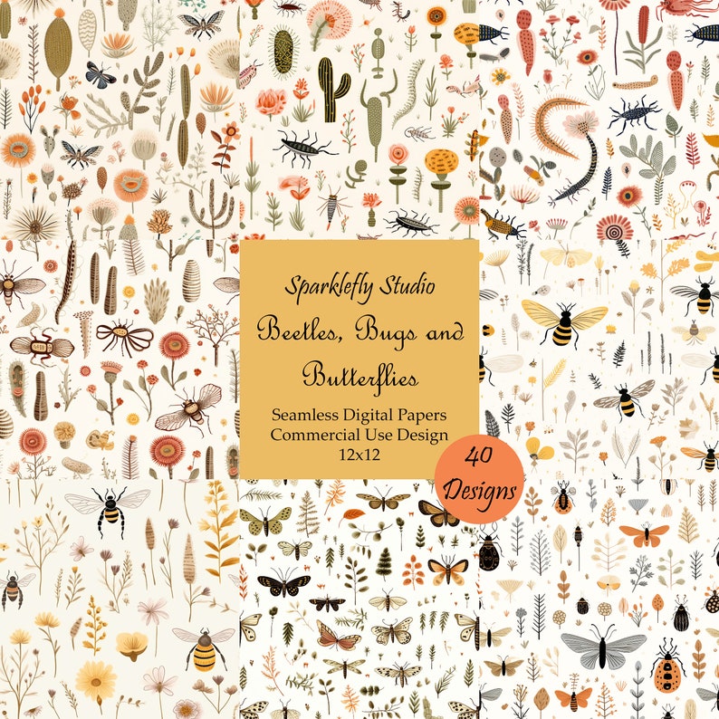 40 Beetles Bugs and Butterflies Folk Art Seamless Pattern Bundle ...