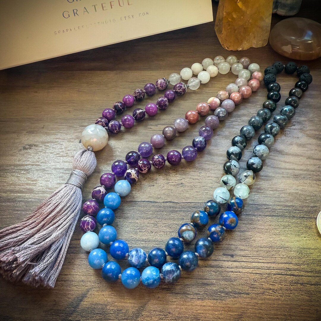 108 Japamala Gemstone Mala Beads Set Meditation Chanting Mantra ...