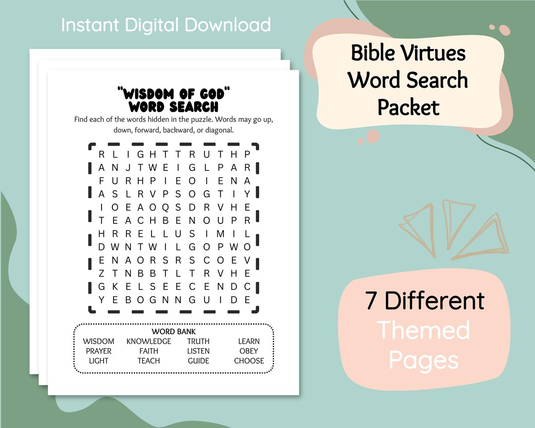 Bible Virtues Word Search Pack for Kids | 7 Printable Bible Activities ...