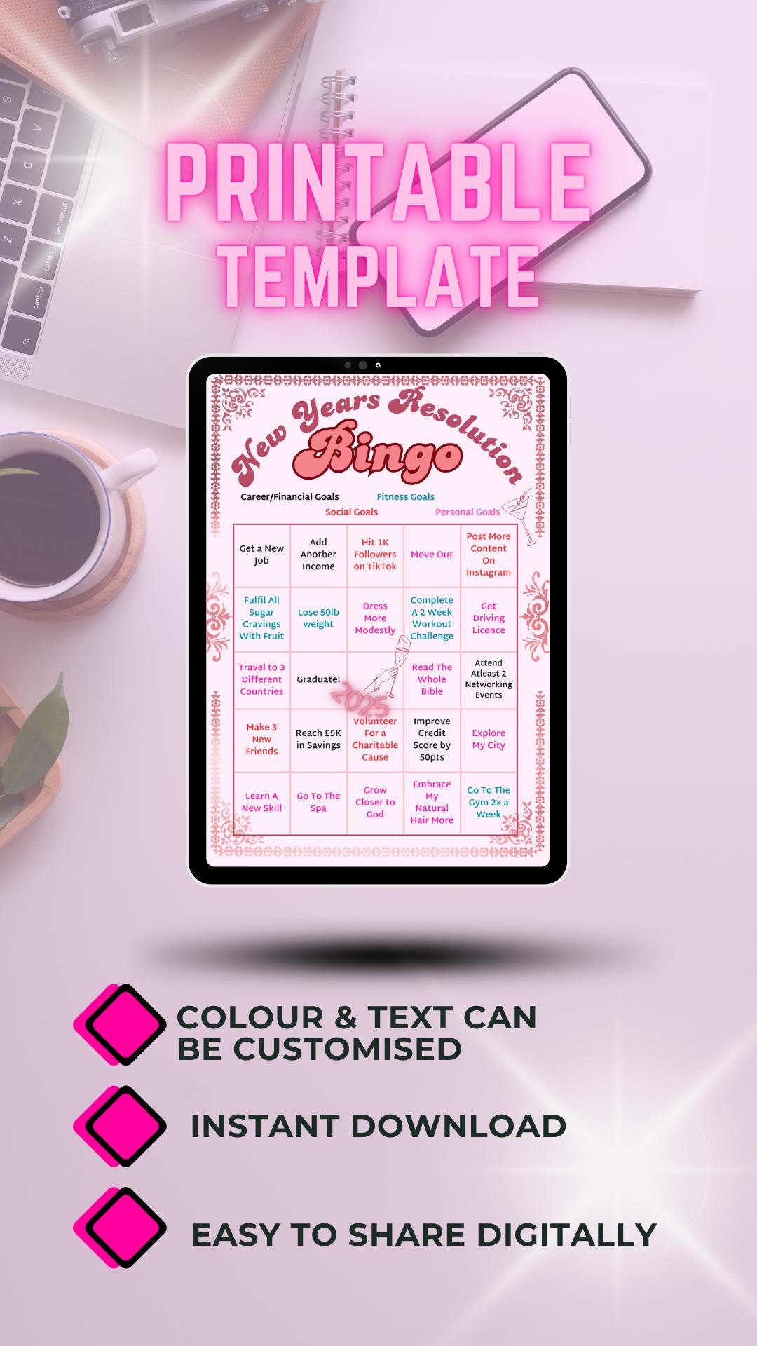 New Year's Resolution Bingo Card Template - Etsy