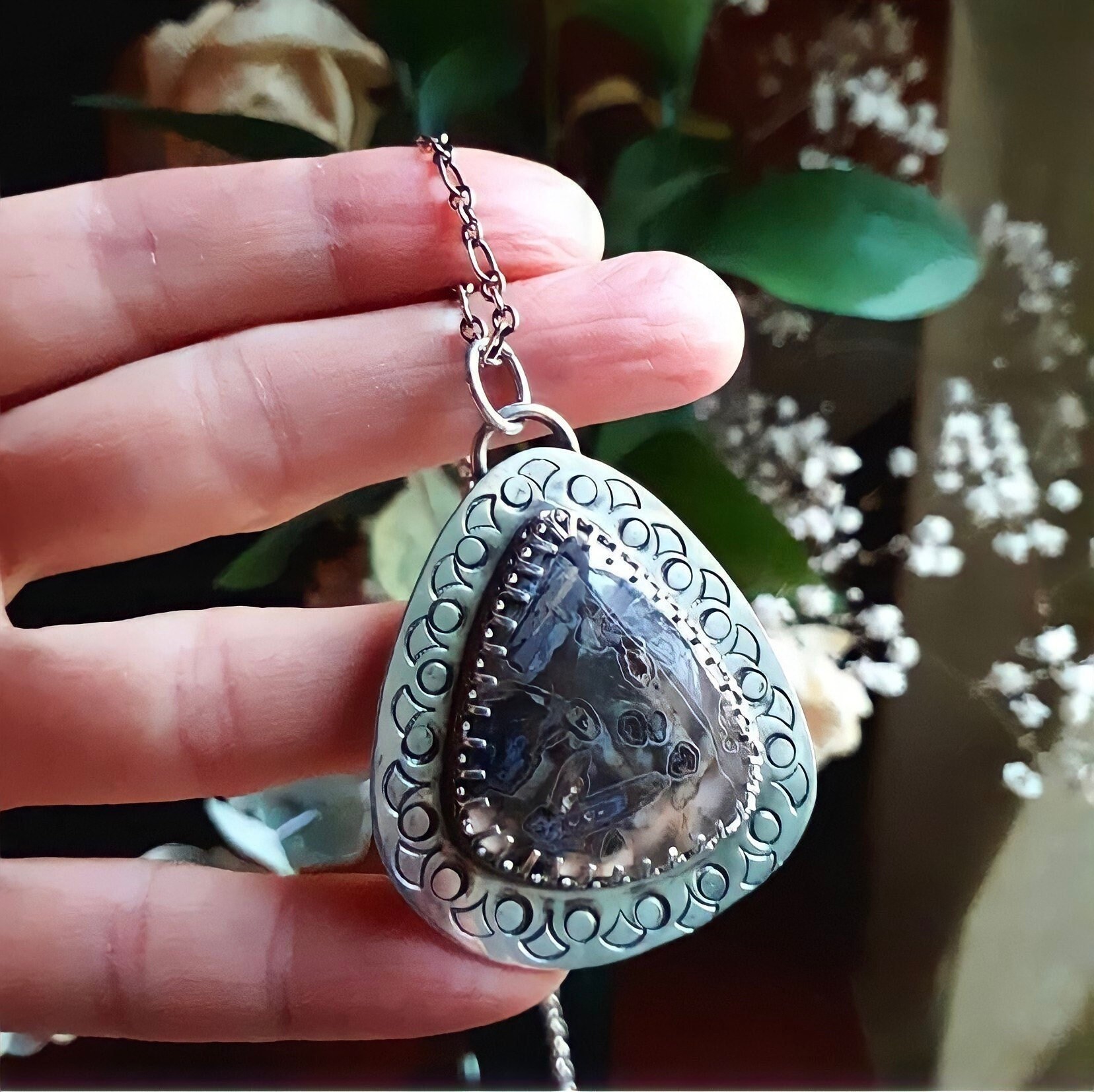 Sterling Silver Agate Necklace, Sterling Silver Stamped Pendant ...