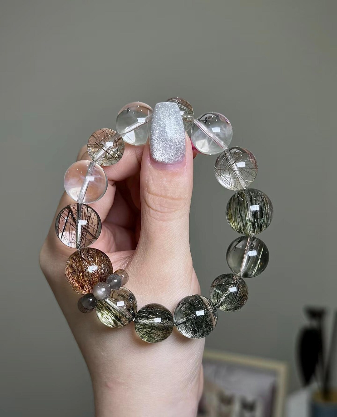 Natural Rutilated Quartz Beaded Bracelet, 16mm Beaded, High Clarity ...