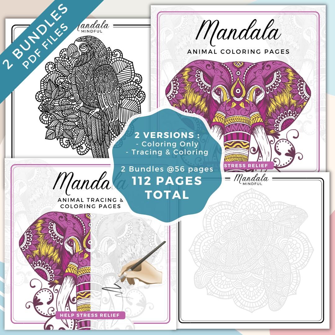 112 Pages Intermediate Coloring & Tracing Animal Mandala Coloring Book ...