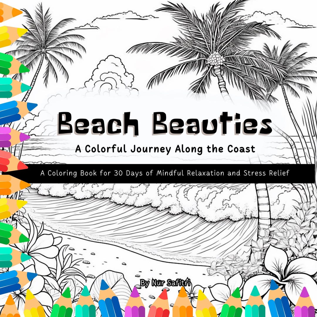 30 Printable Pages Beach Beauties Digital Coloring Book for Relaxation ...