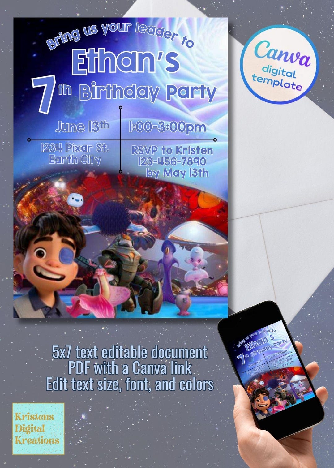 Elio Disney Birthday Party Invitation Editable Canva Template - Etsy