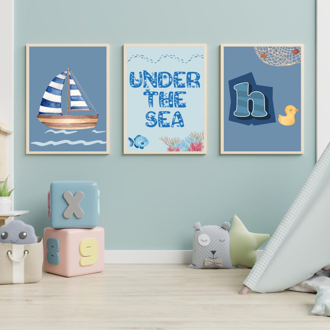 Kids Blue Nautical Wall Art Printable Ocean Decor Toddler Bedroom Wall ...