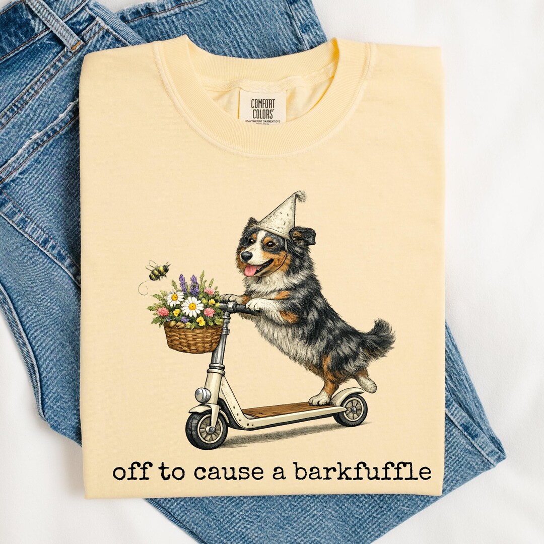 Whimsical Aussie on Scooter "off to Cause a Barkruffle" T-shirt ...