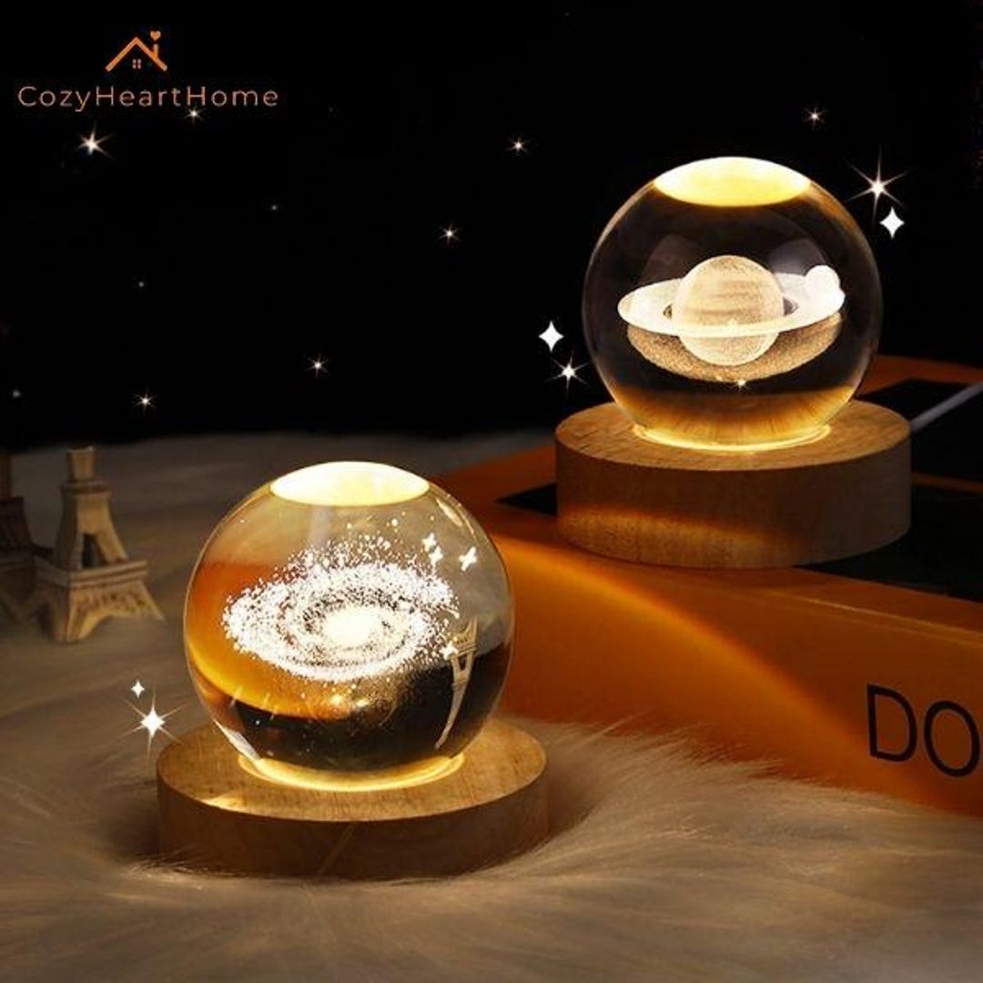 Galaxy Crystal Ball Lamp Set – 3D LED Night Lights With Wooden Base ...