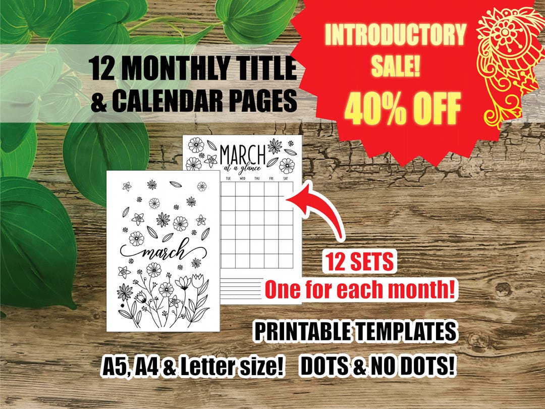 Monthly Calendar Title Pages: Printable Journal Bundle (A5 A4 Letter ...