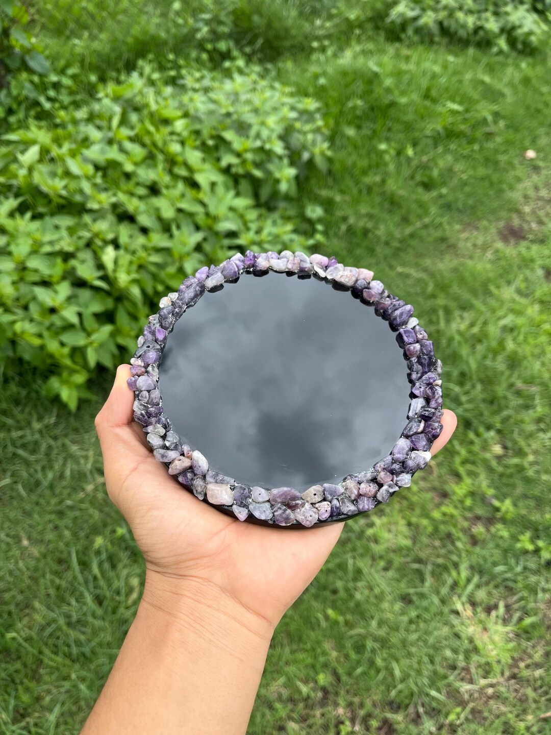Black Obsidian Mirror With Amethyst Divination Tool, 15cm Mirror ...