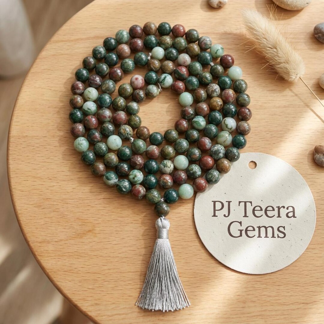 Indian Jasper Mala 108 Beads | 8mm Natural Stone Necklace | Grounding ...