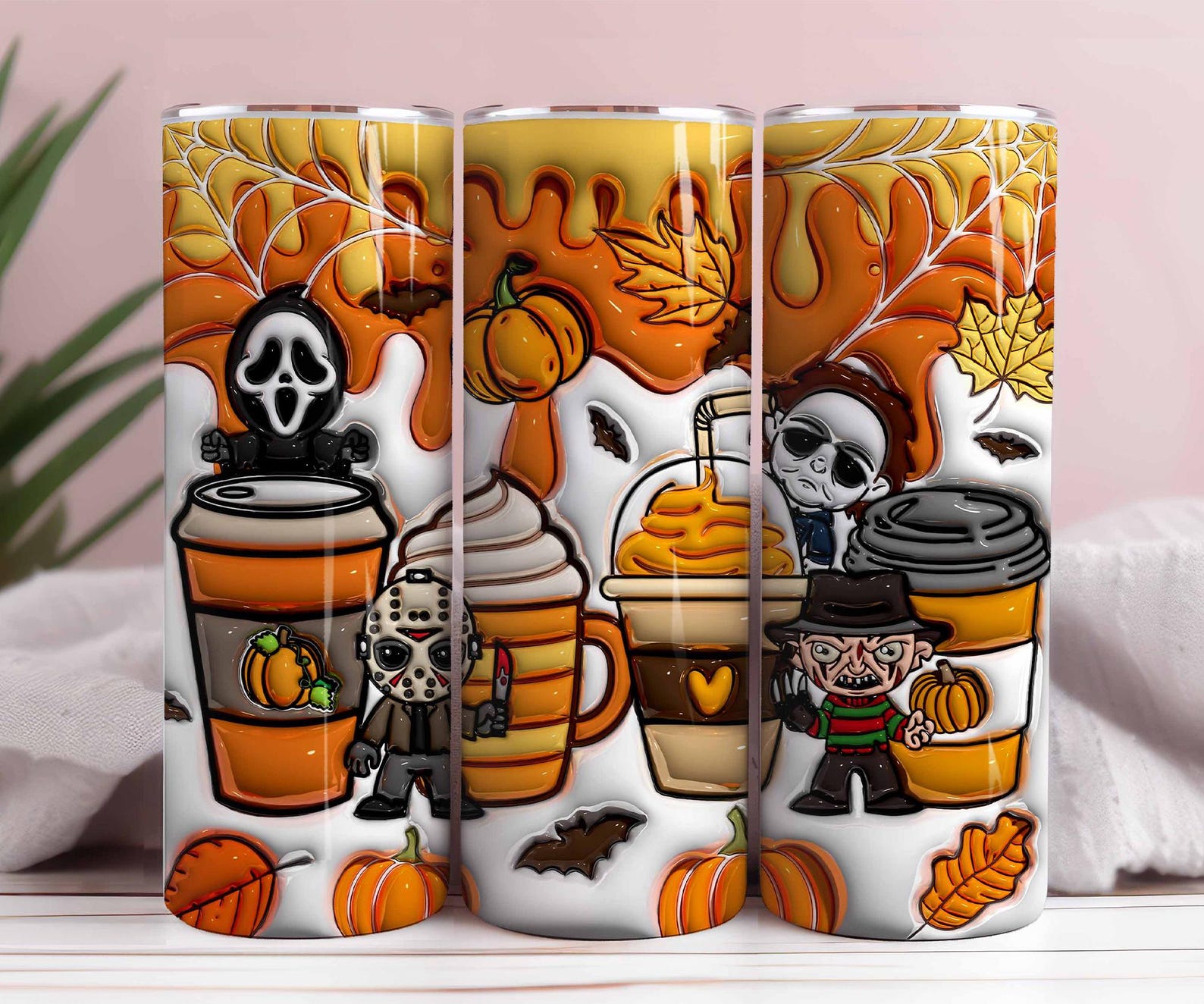 3D Horror Characters Tumbler Wrap: Halloween Coffee Design (PNG Digital ...