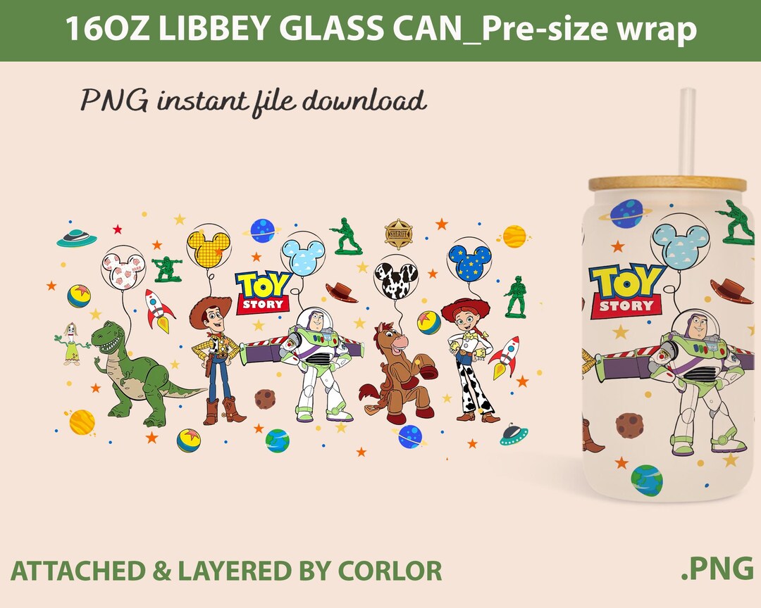 Toy Story Tumbler Wrap: 16oz Libbey Glass Can, Cartoon Balloons ...