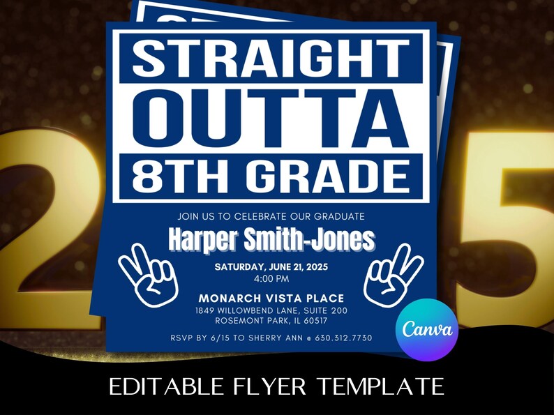 8th Grade Graduation Invitation Canva Editable Digital Template Flyer ...