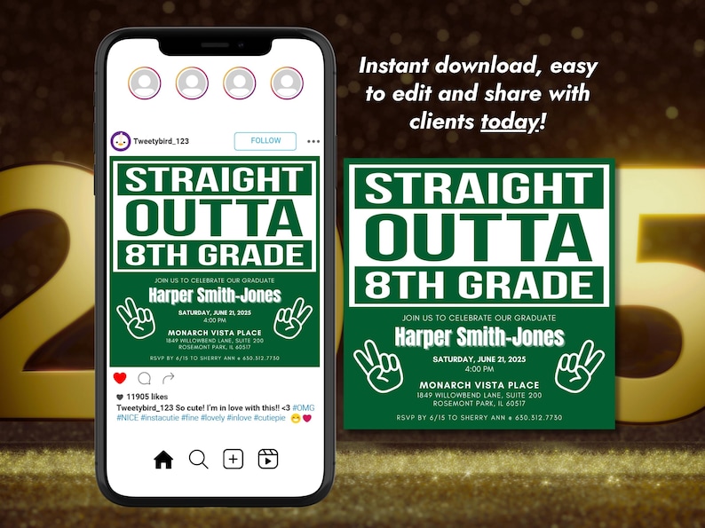 8th Grade Graduation Invitation Canva Editable Digital Template Flyer ...