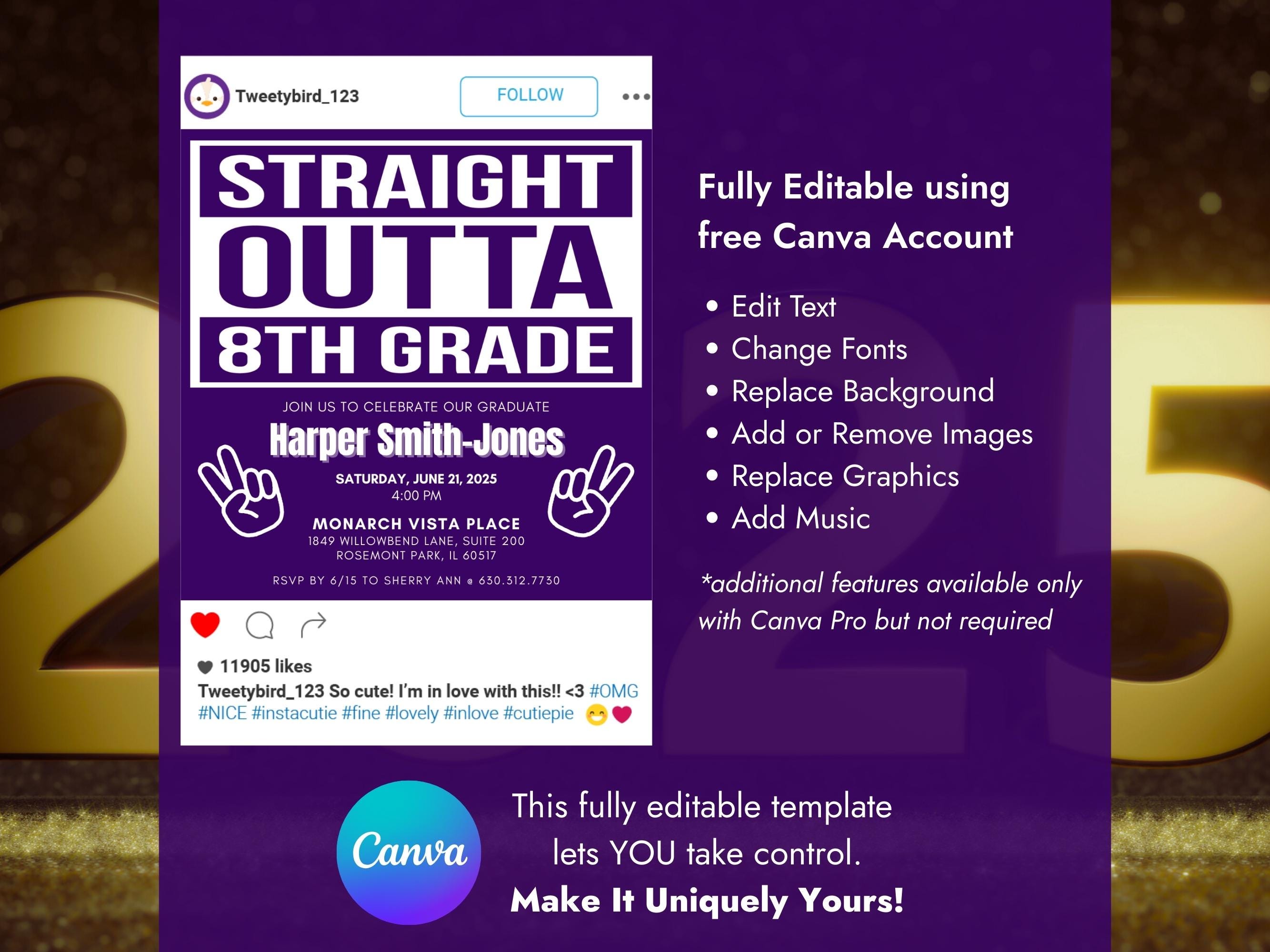 8th Grade Graduation Invitation Canva Editable Digital Template Flyer ...