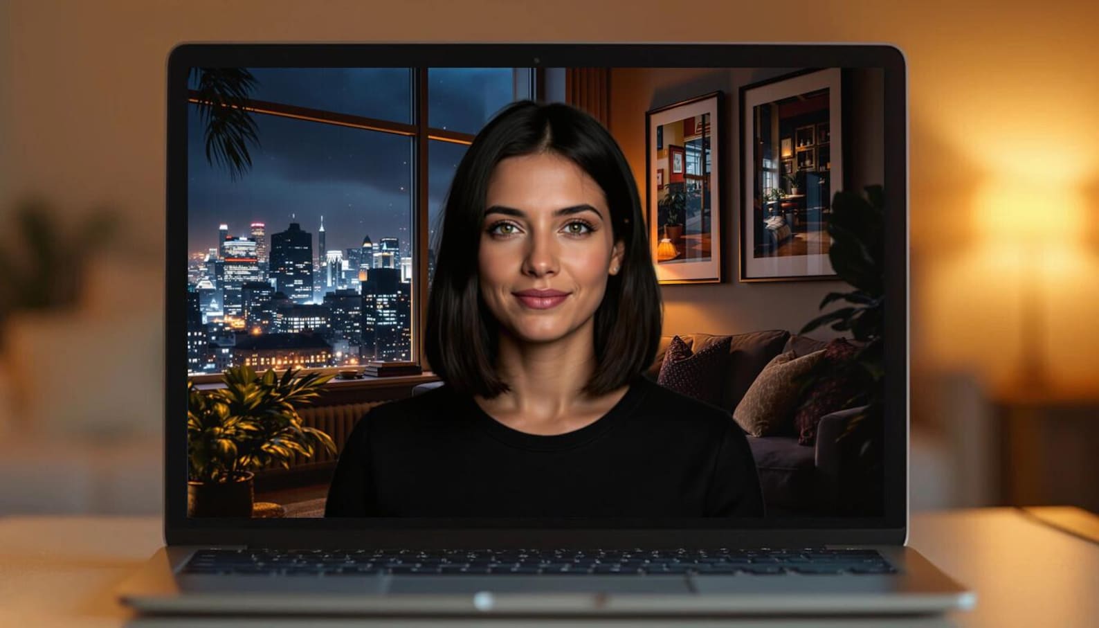 Cozy Night City Virtual Background | Living Room Office With Skyline ...