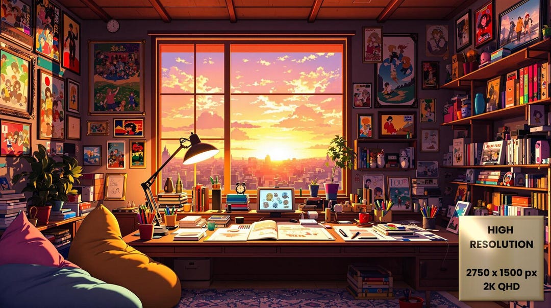 Virtual Background - Cozy Studio Anime Ghibli Sunset Inspired Backdrop ...