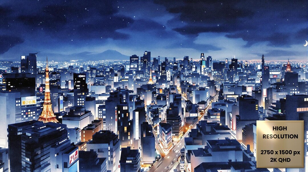 Virtual Background - Japan Skyline Night Watercolor Blue - Digital ...