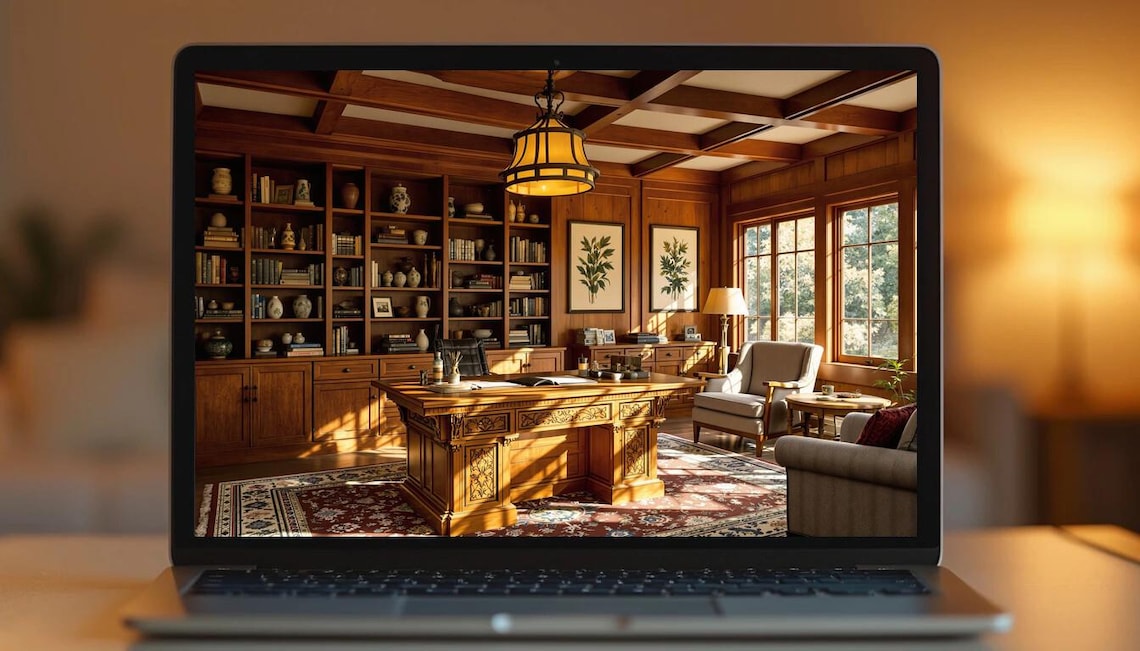 Cozy Cabin Bookshelf Virtual Background | Elegant Country Home Office ...
