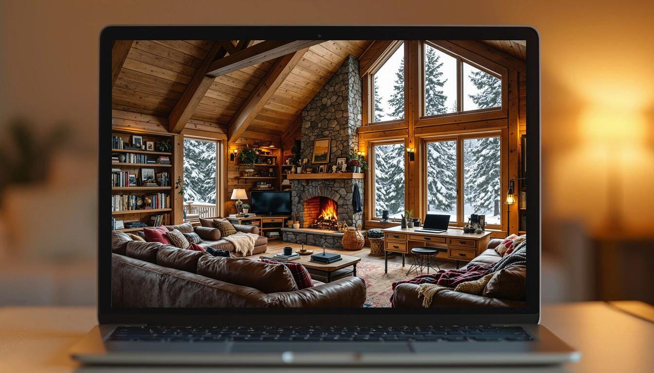 Winter Log Cabin Virtual Background - Zoom Background Cozy Fireplace ...