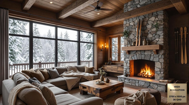 Virtual Background - Cozy Log Cabin Lodge Wood Fireplace Snow Trees ...