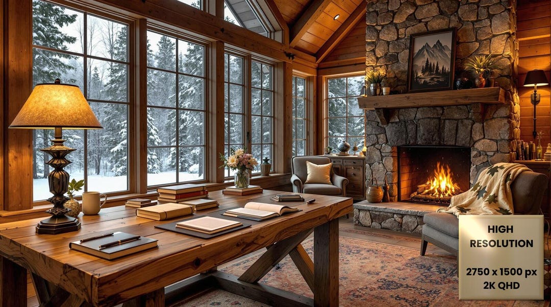Virtual Background, Realistic Cozy Winter Snowy Log Cabin Stone ...