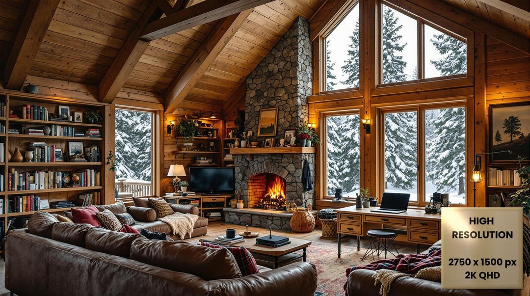 Virtual Background, Realistic Cozy Winter Log Cabin Lodge Wood ...