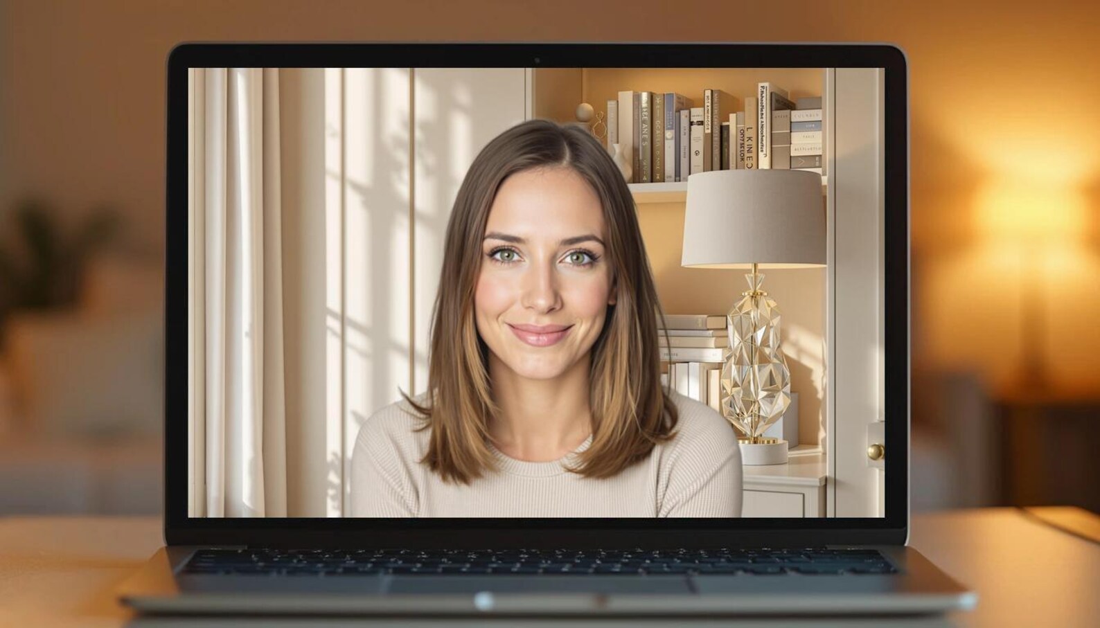 Luxury Modern Home Office Yellow Wall Shelving Zoom Background ...