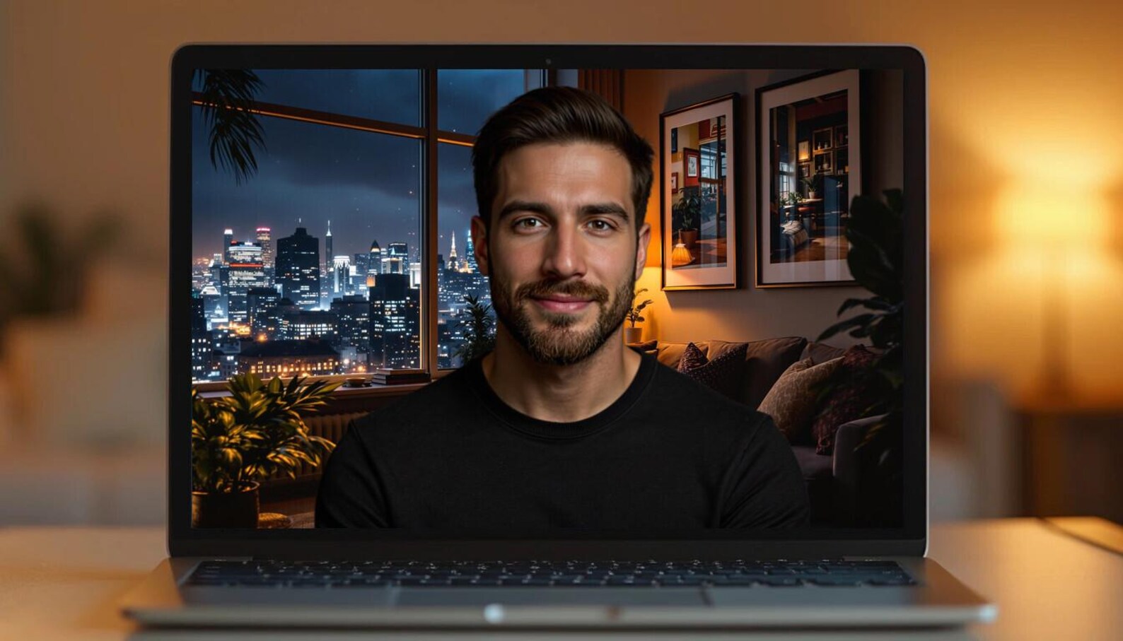 Cozy Night City Virtual Background | Living Room Office With Skyline ...