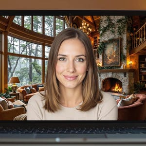 Fantasy Wood Lodge Virtual Background | Cozy Fireplace & Home Office ...