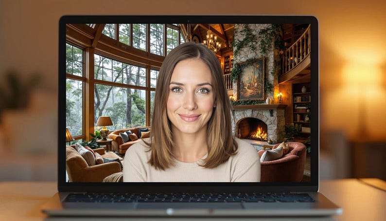 Fantasy Wood Lodge Virtual Background | Cozy Fireplace & Home Office ...