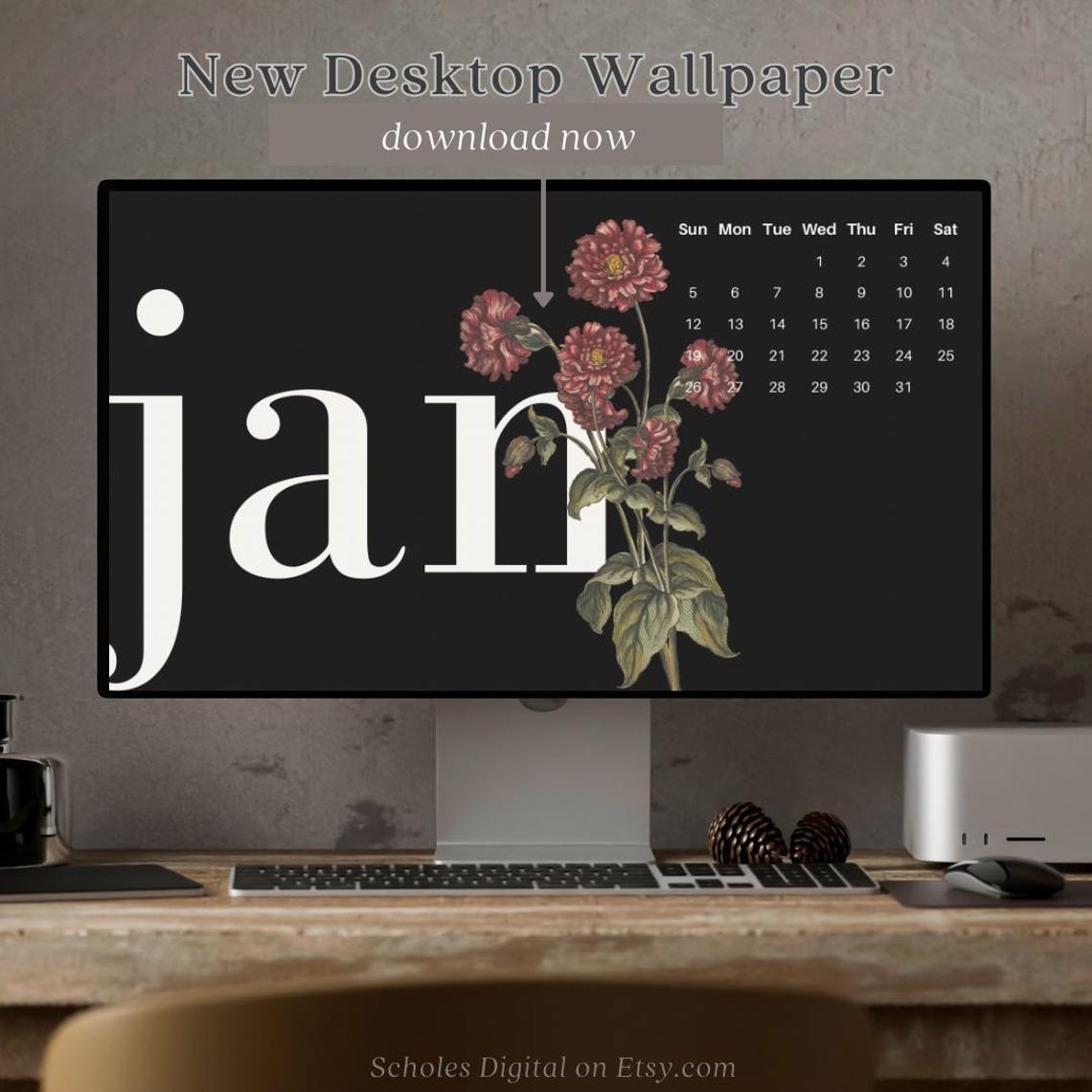 January 2025 Minimalist Desktop Screensaver/wallpaper With Dark Floral ...