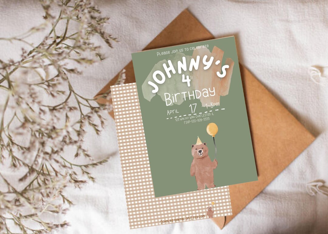 Bear Theme Birthday Invitation Digital Template Instant Download - Etsy UK