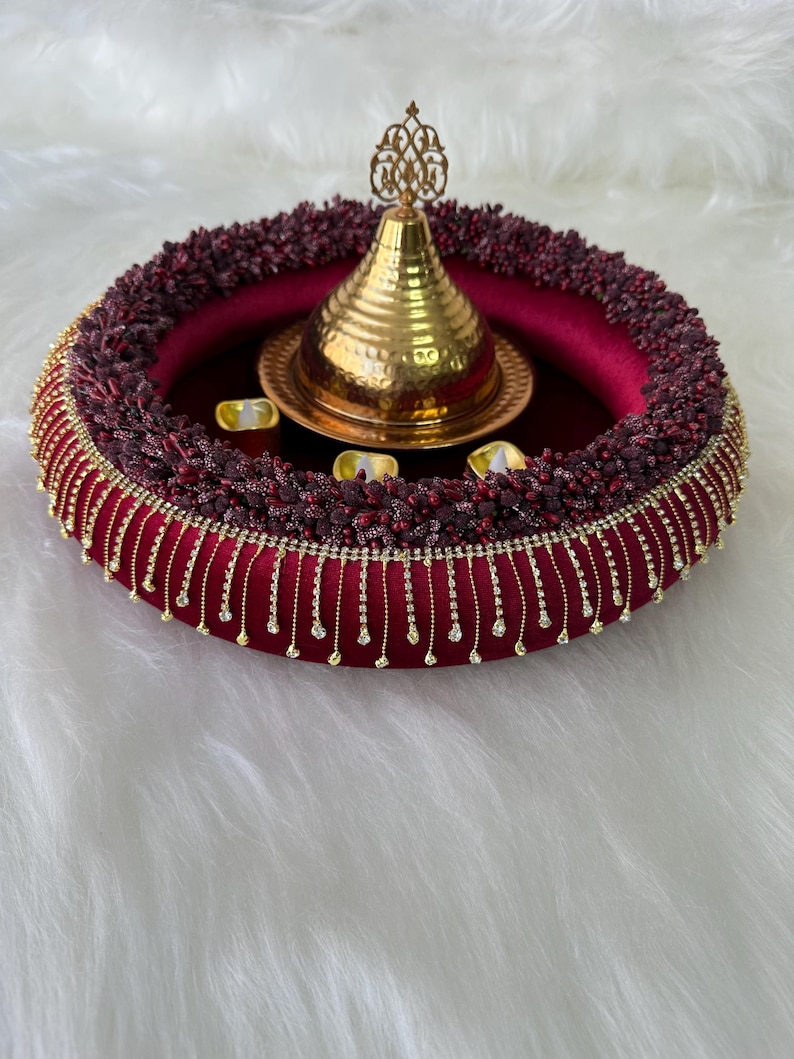 Luxurious Burgundy Velvet Henna Tray With Gold Dome & Beaded Detailing ...