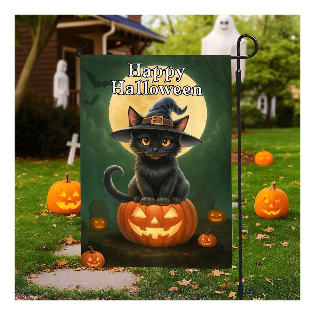 Personalized Black Cat Halloween Garden Flag for Outside - Black Cat ...