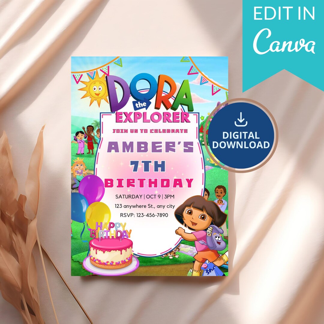 Editable Dora the Explorer Theme Birthday Invitation Editable on CANVA ...