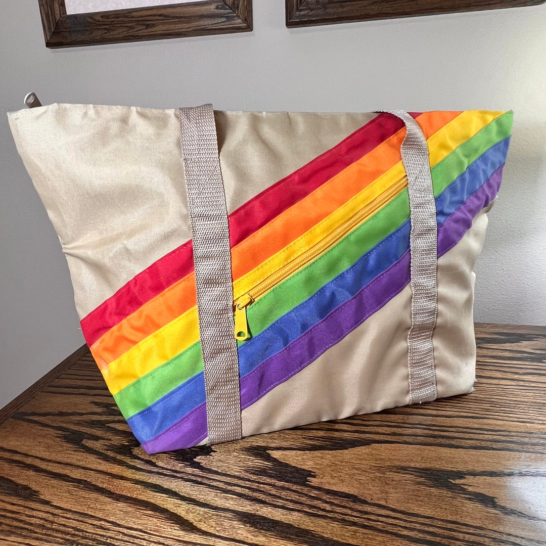 Vintage Rainbow Shoulder Bag / Tan Rainbow Travel Bag / Rainbow Carry ...