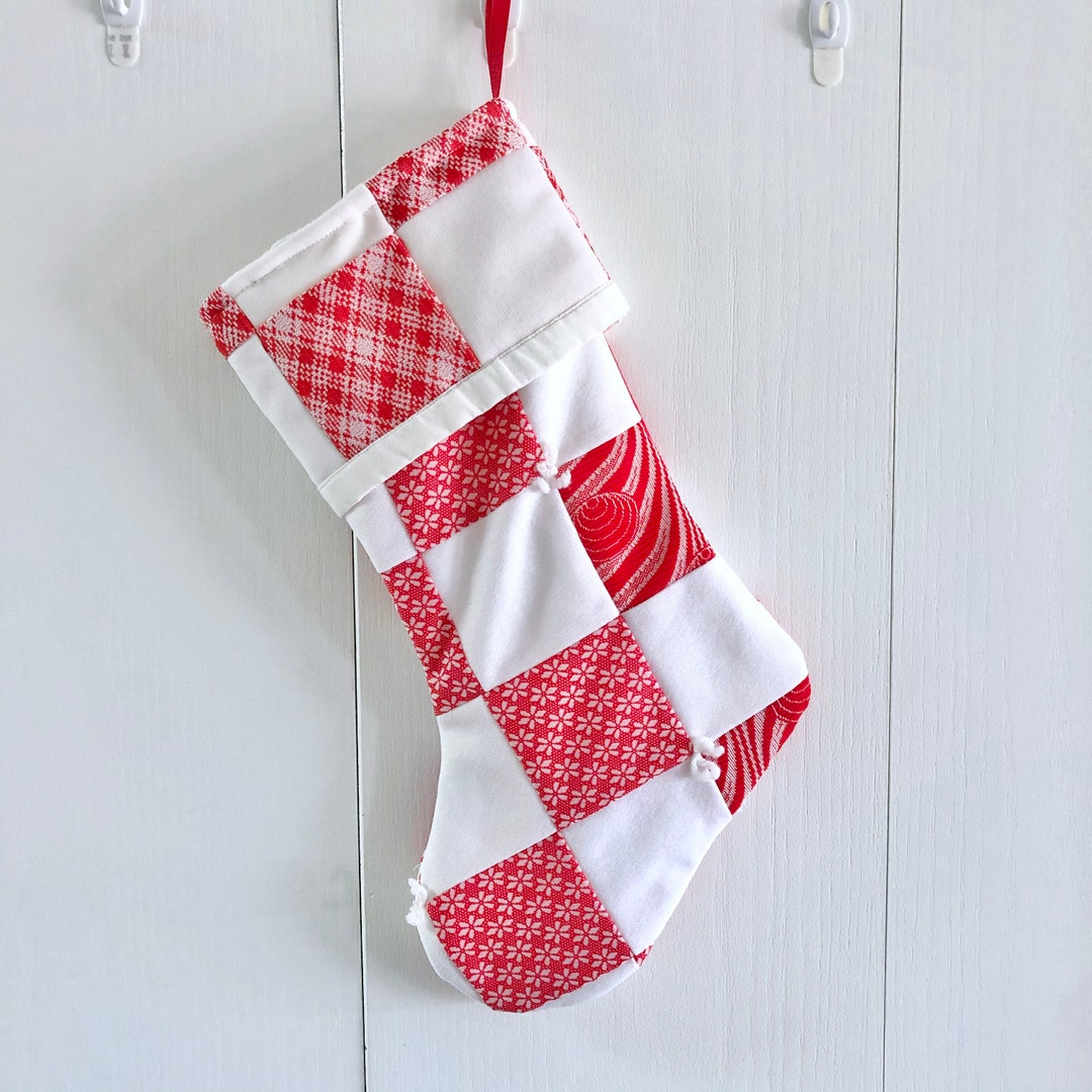 Red and White Vintage Patchwork Quilt Stocking / Upcycled Quilt ...