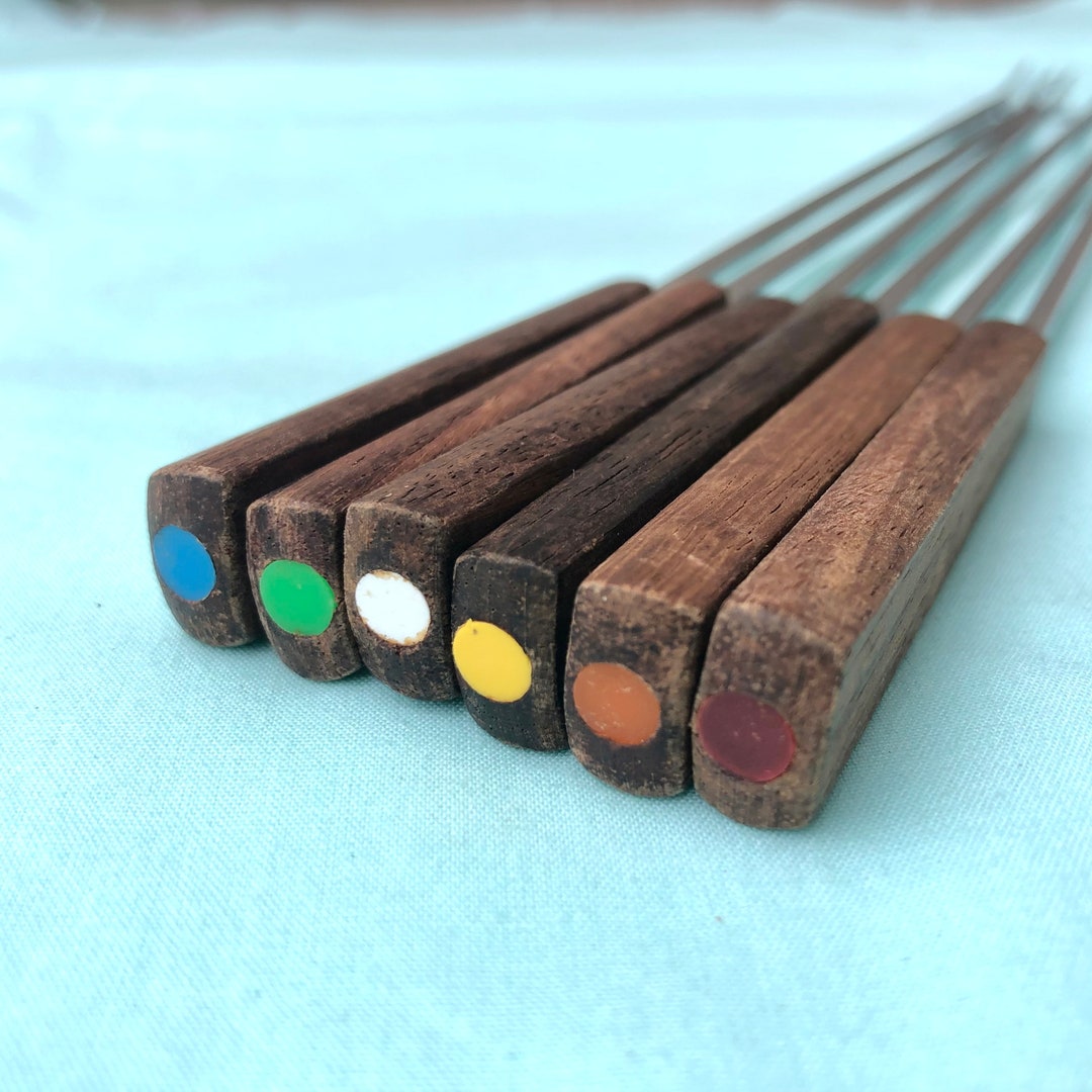 Vintage Fondue Fork Set: MCM Wood Handles, Stainless Steel, Set of 6 - Etsy