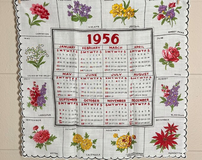 Vintage 1956 Calendar Hankie / 1956 Flower Calendar Handkerchief - Etsy