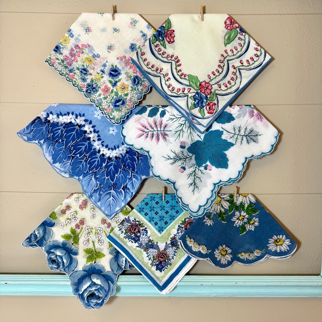 Blue Flower Vintage Hankies / Blue Flower Hankerchiefs / Blue Landies ...