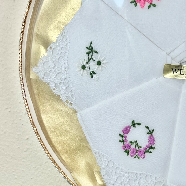 NIB Vintage White Embroidered Hankies / Swiss WEBA Handkerchiefs in Box ...