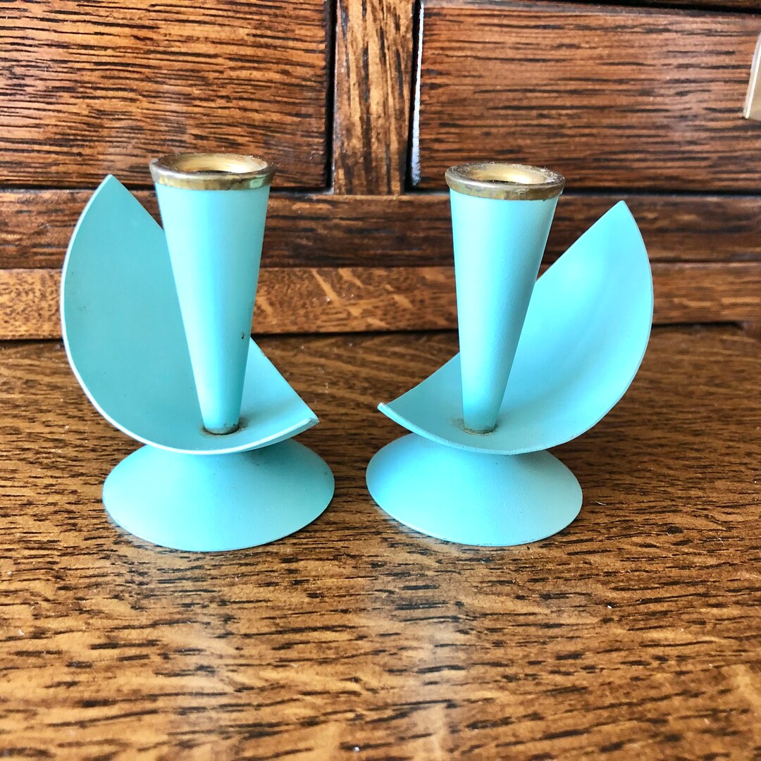 Vintage Aqua Metal Candle Holders / Swedish Scandinavian Candle Stick ...