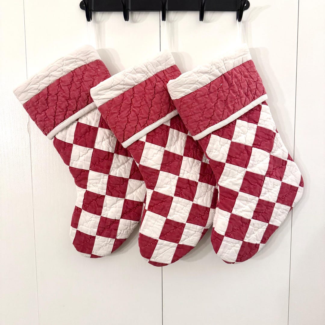 ONE Red and White Vintage Nine Patch Quilt Stocking / Upcycled Quilt ...