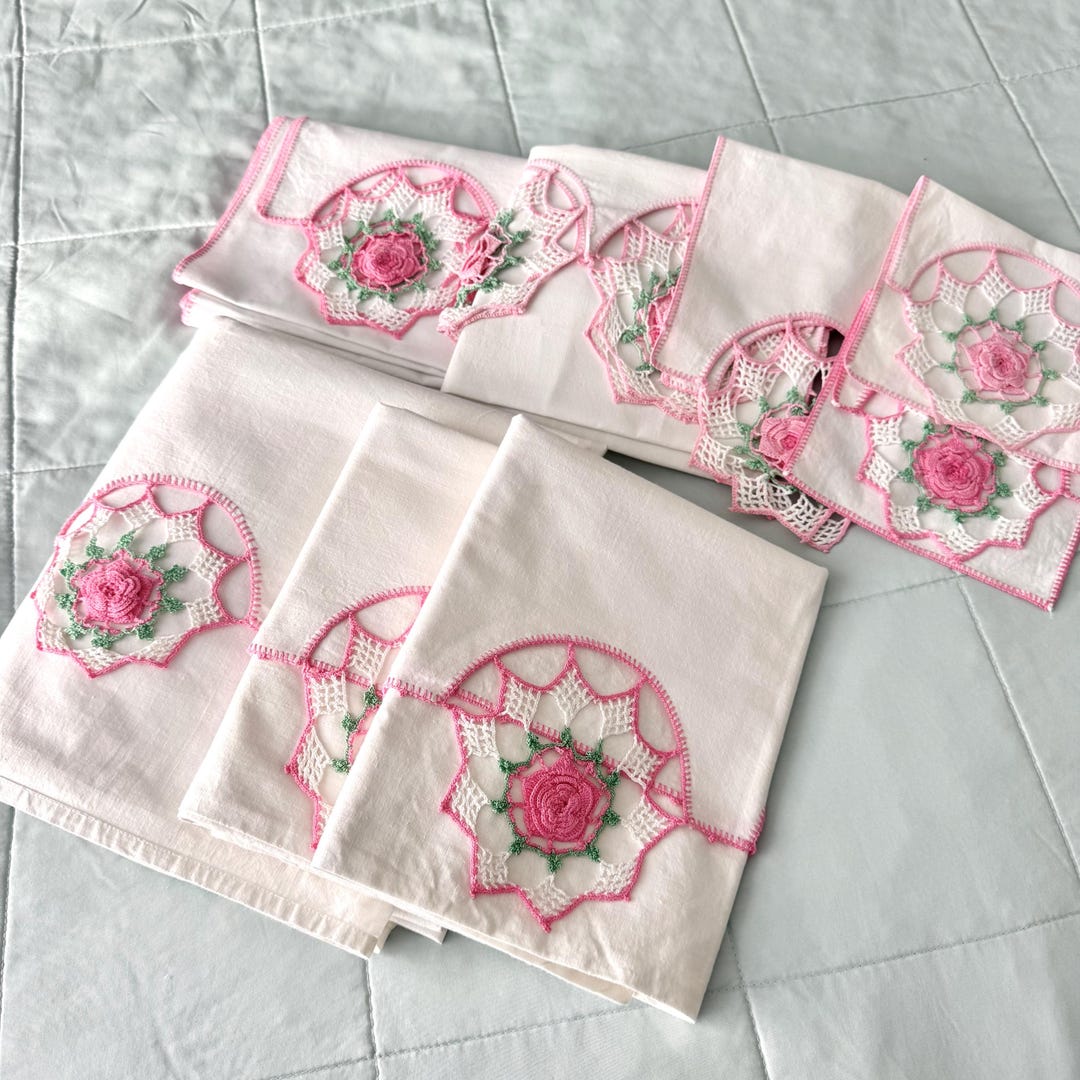 8 Pc. Vintage Crochet Bedroom Linen Set - Coverlet and Dresser Scarves ...