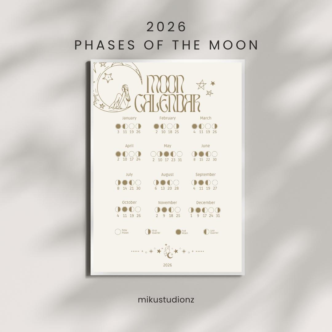 Printable 2026 Moon Phase Calendar | Minimalist Lunar Calendar PDF ...