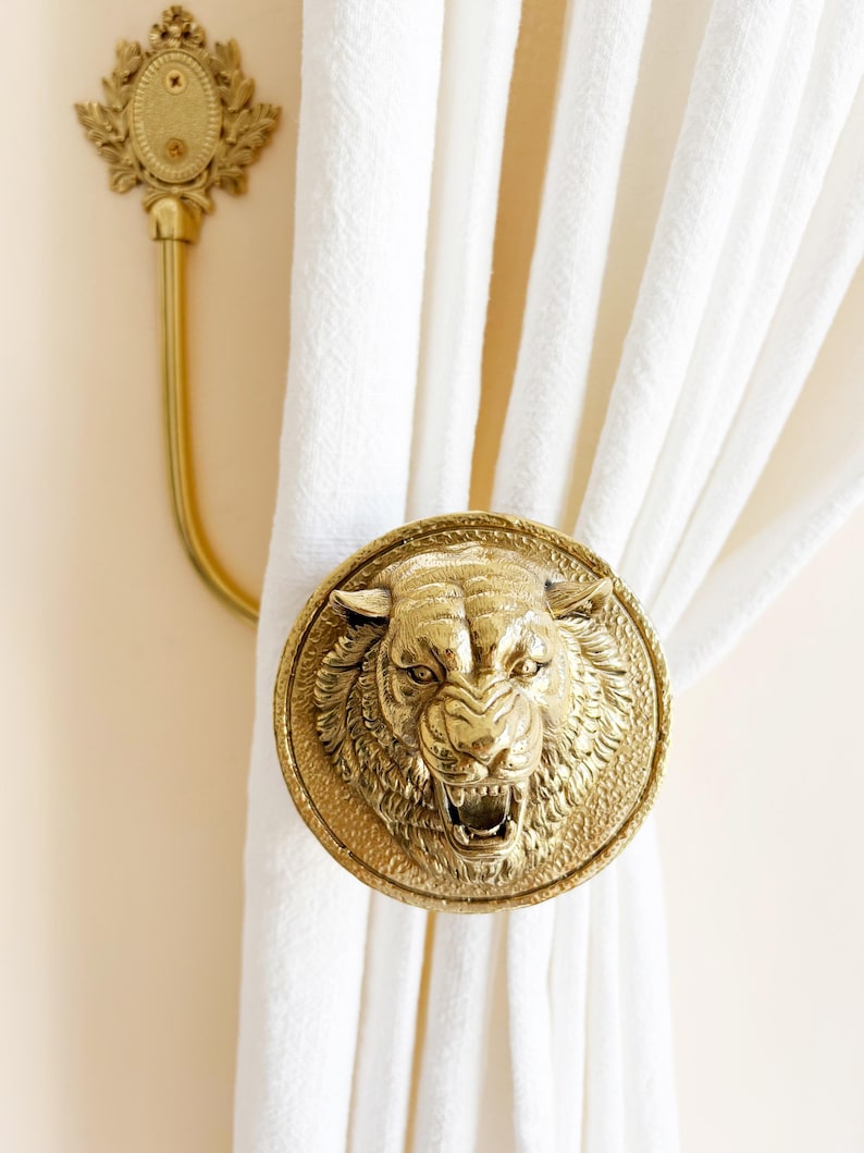 Brass Tiger Curtain Tiebacks, Gold Curtain Hooks, Hardware Set - Etsy
