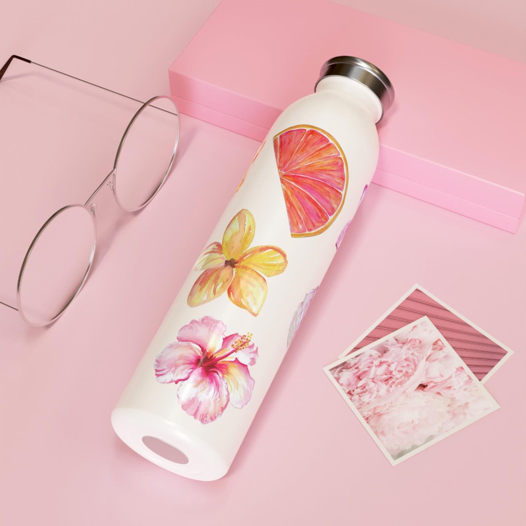Aesthetic Tropical Water Bottle, Pink Orange Flowers Summer Drinkware ...